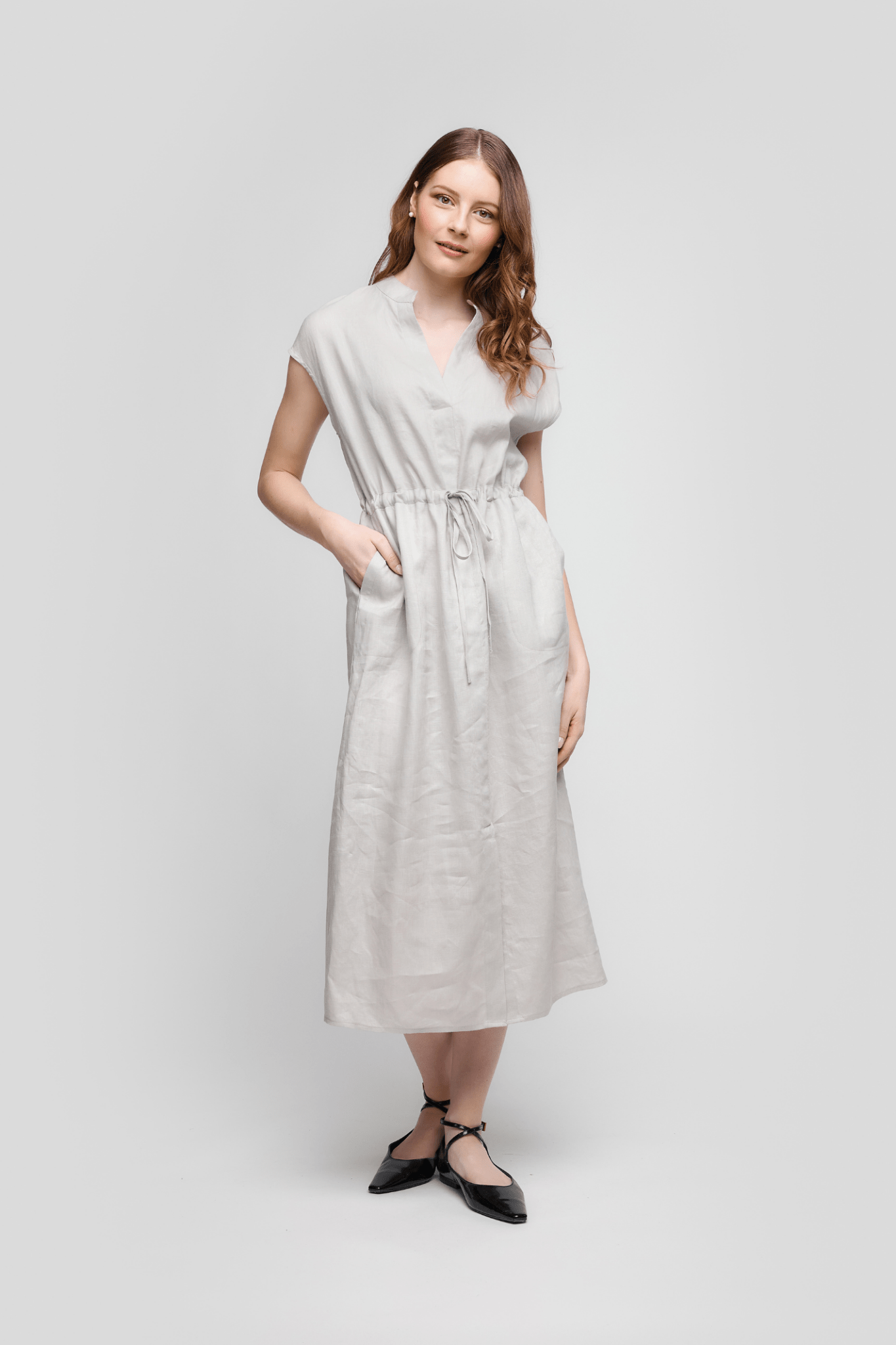 Uchuu CS25-022 Grey V Neck Linen Dress - Dotique – Dotique